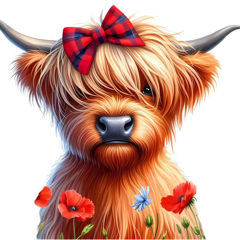 11 Watercolor Highland Cow With Poppy Flowers Clipart Bundle V.3, High ...