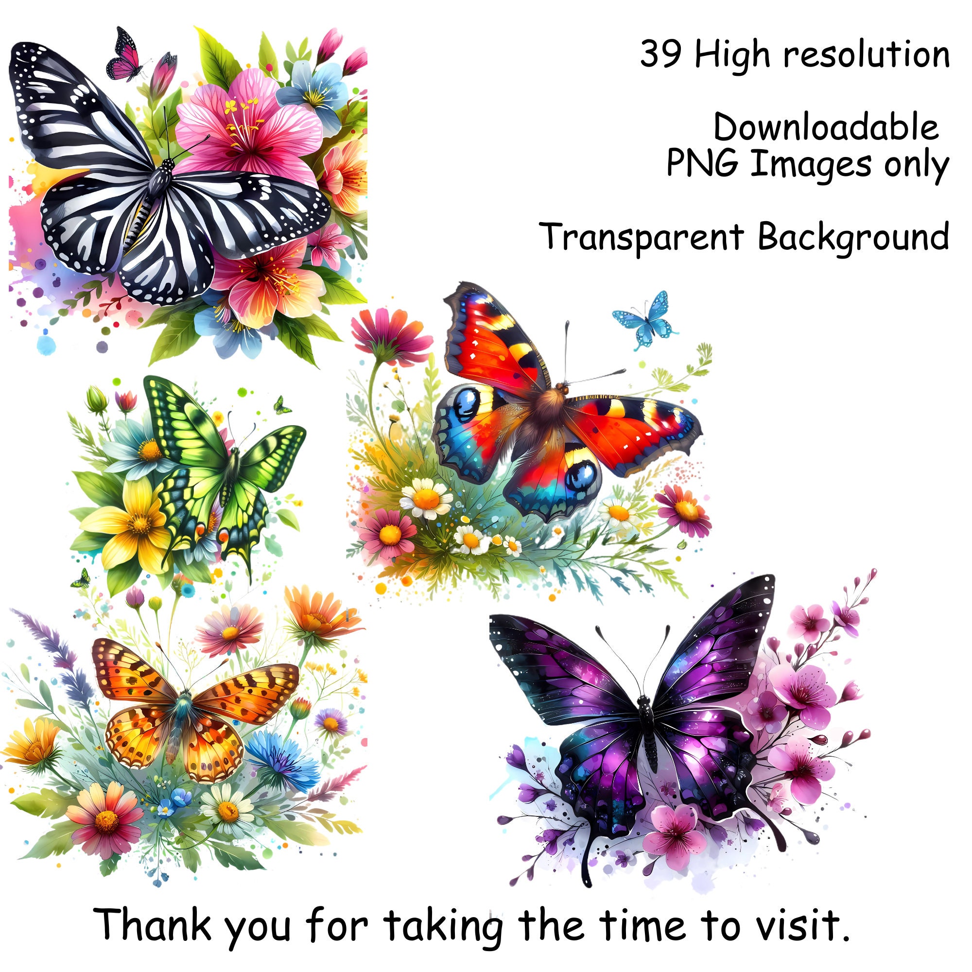 39 Watercolor Butterflies and Flowers PNG Clipart Bundle, Spring ...