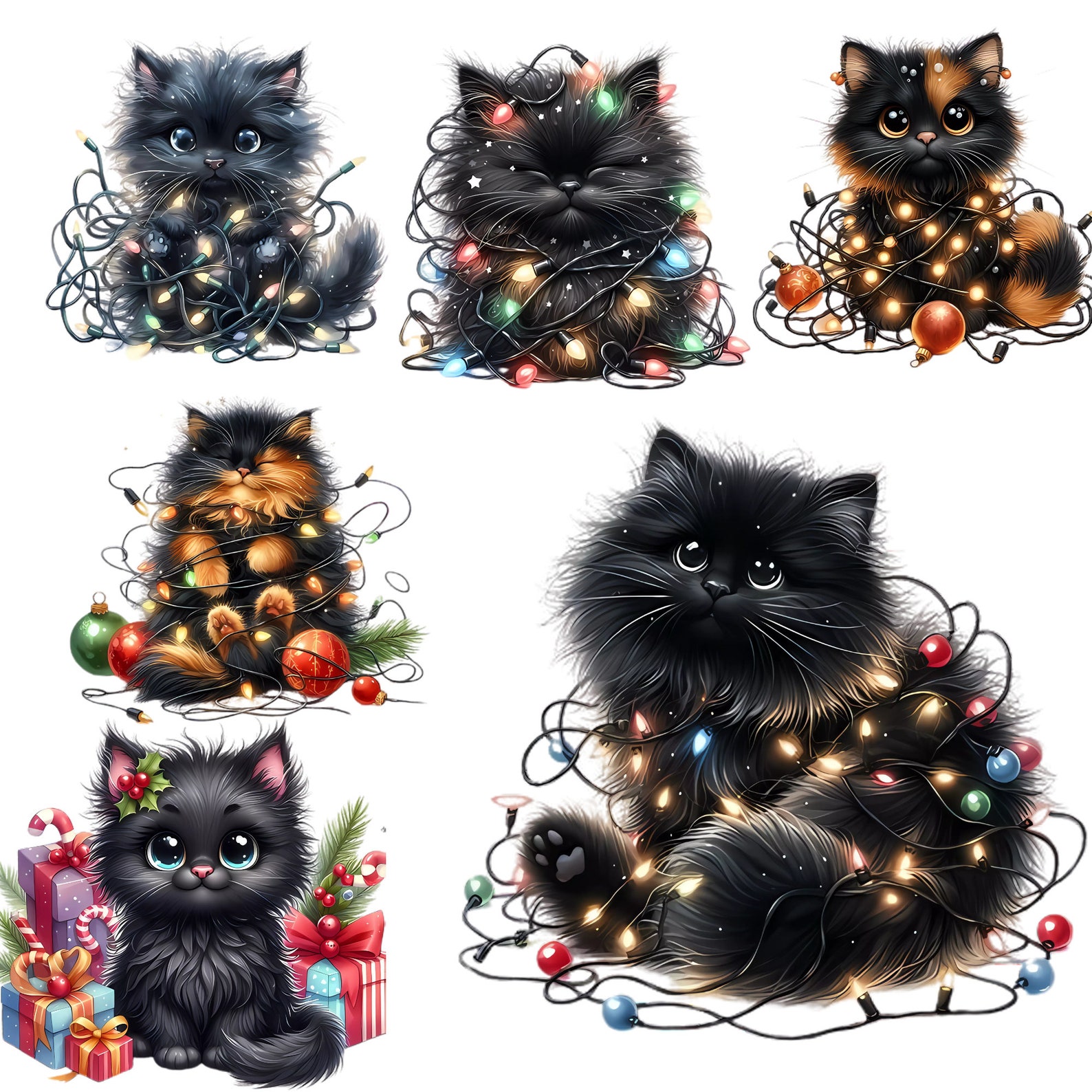 32 Cute Christmas Kitten Clipart Bundle. Watercolor Christmas PNG ...