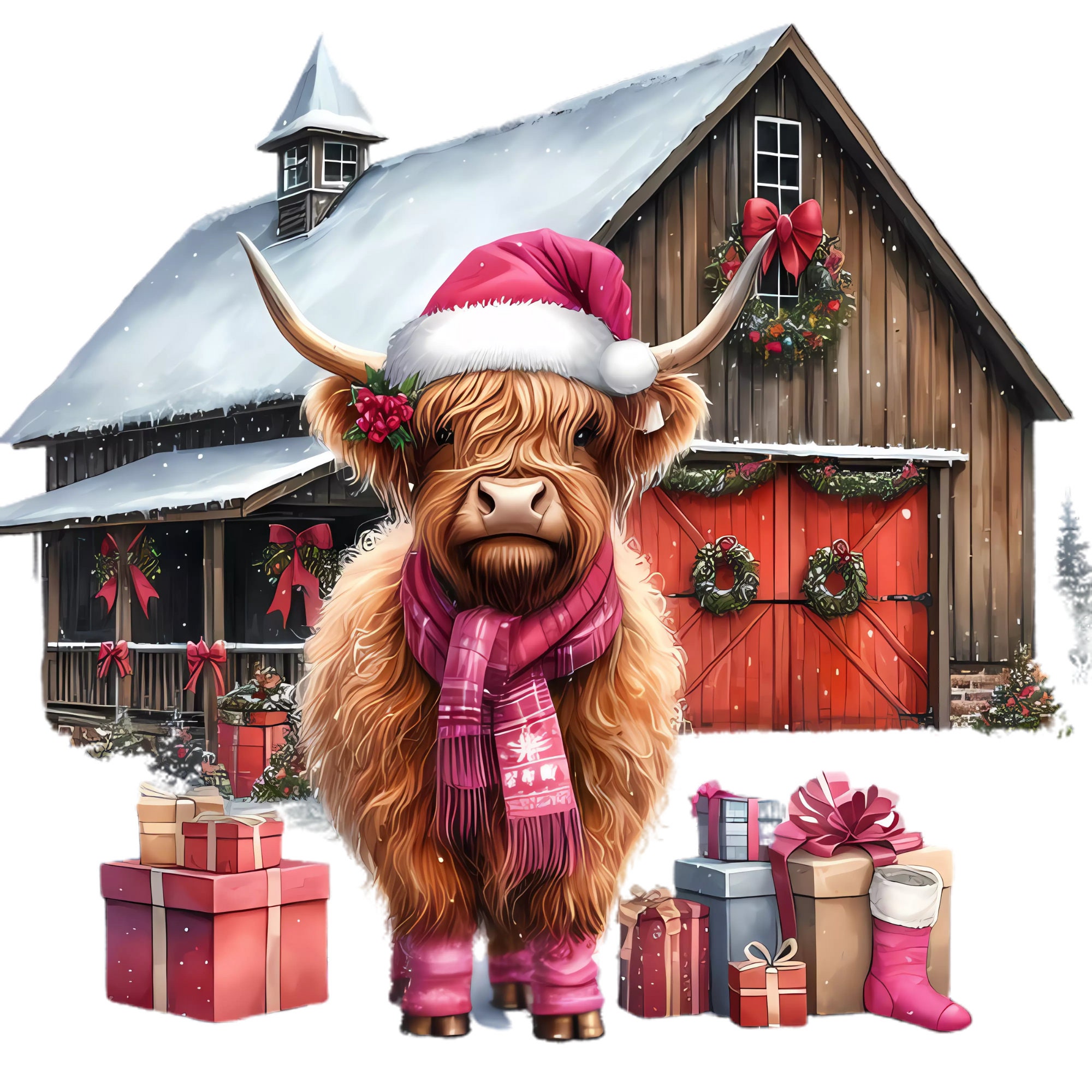 7 Watercolor Pink Christmas Highland Cow Clipart Bundle. High Quality ...