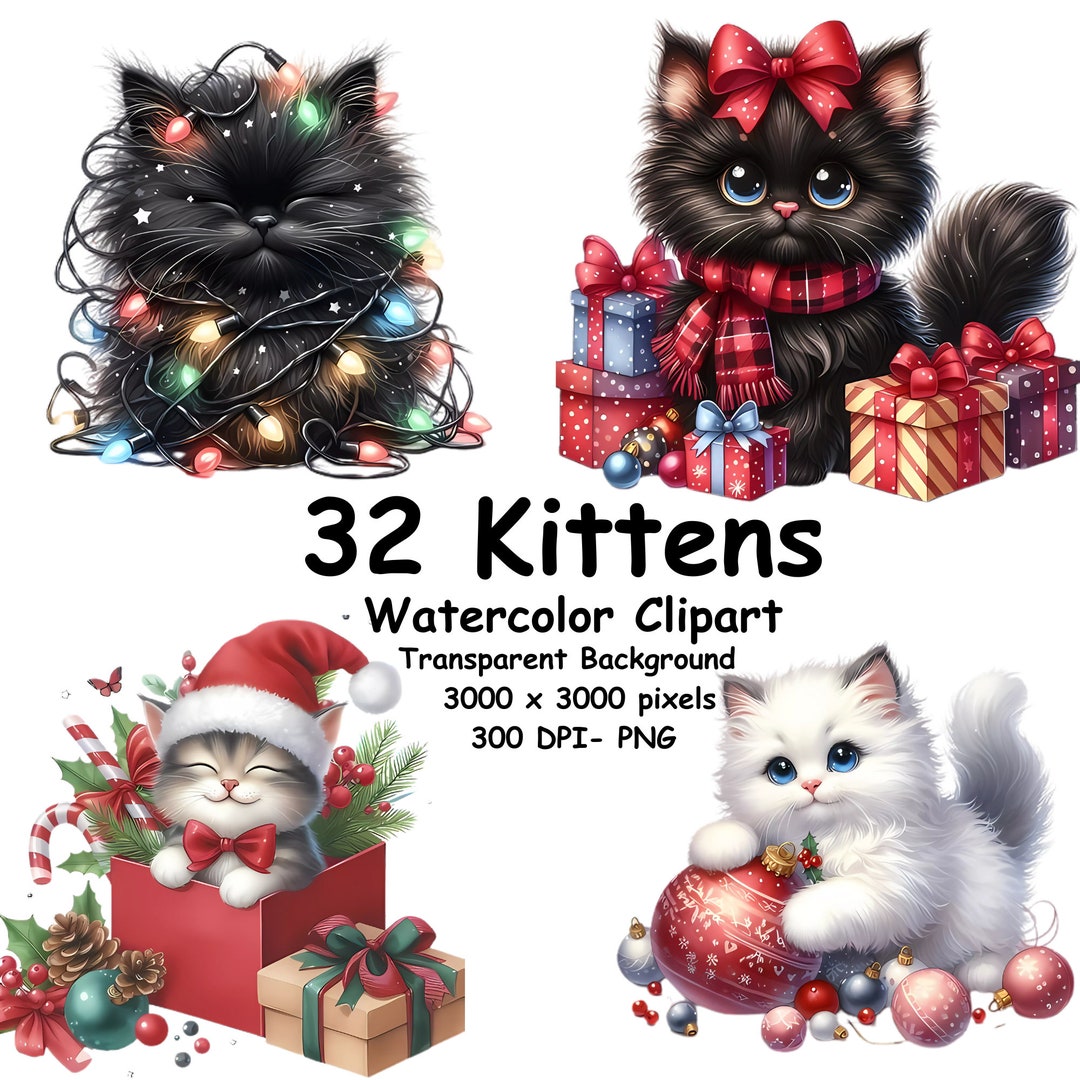 32 Cute Christmas Kitten Clipart Bundle. Watercolor Christmas PNG ...