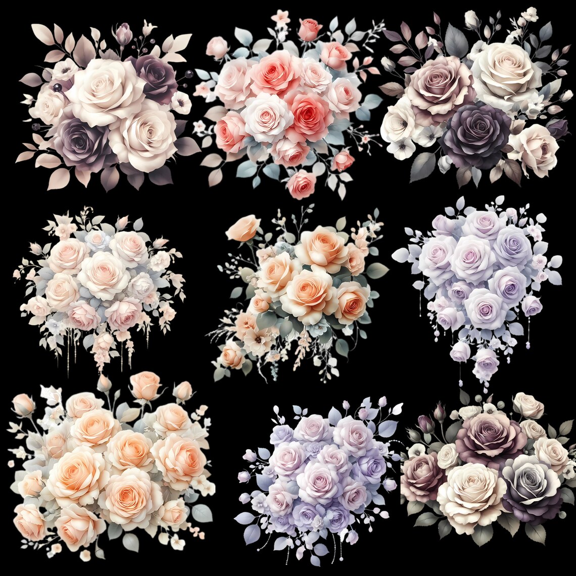 14 Pastel Wedding Roses Clipart Bundle, Watercolor Floral Clipart ...