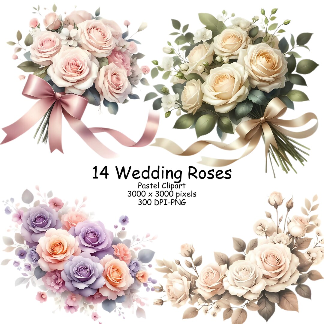 14 Pastel Wedding Roses Clipart Bundle V.2, Watercolor Floral Clipart ...