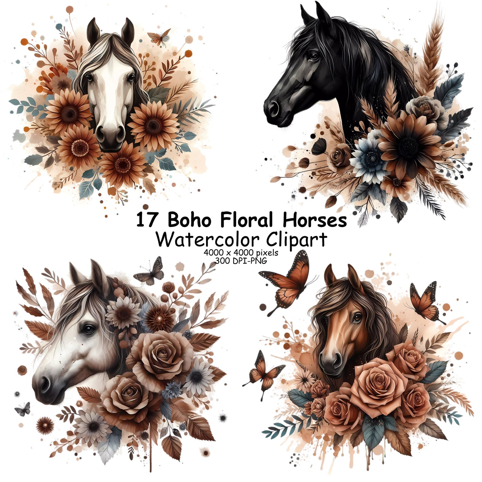 17 Watercolor Boho Horse Clipart PNG Bundle, Brown Horse, Butterfly ...