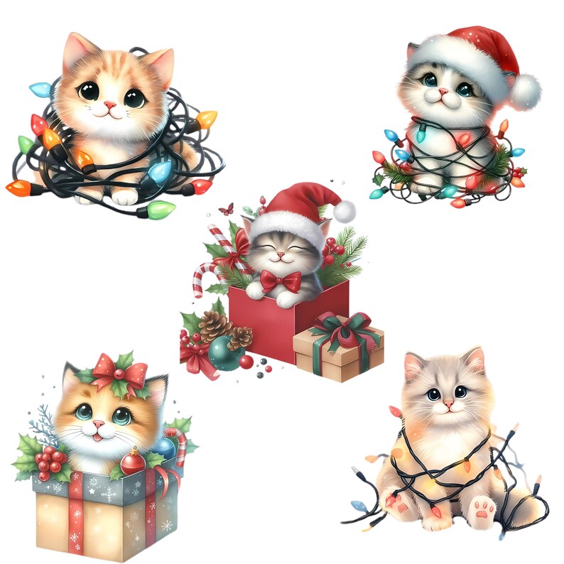 32 Cute Christmas Kitten Clipart Bundle. Watercolor Christmas PNG ...