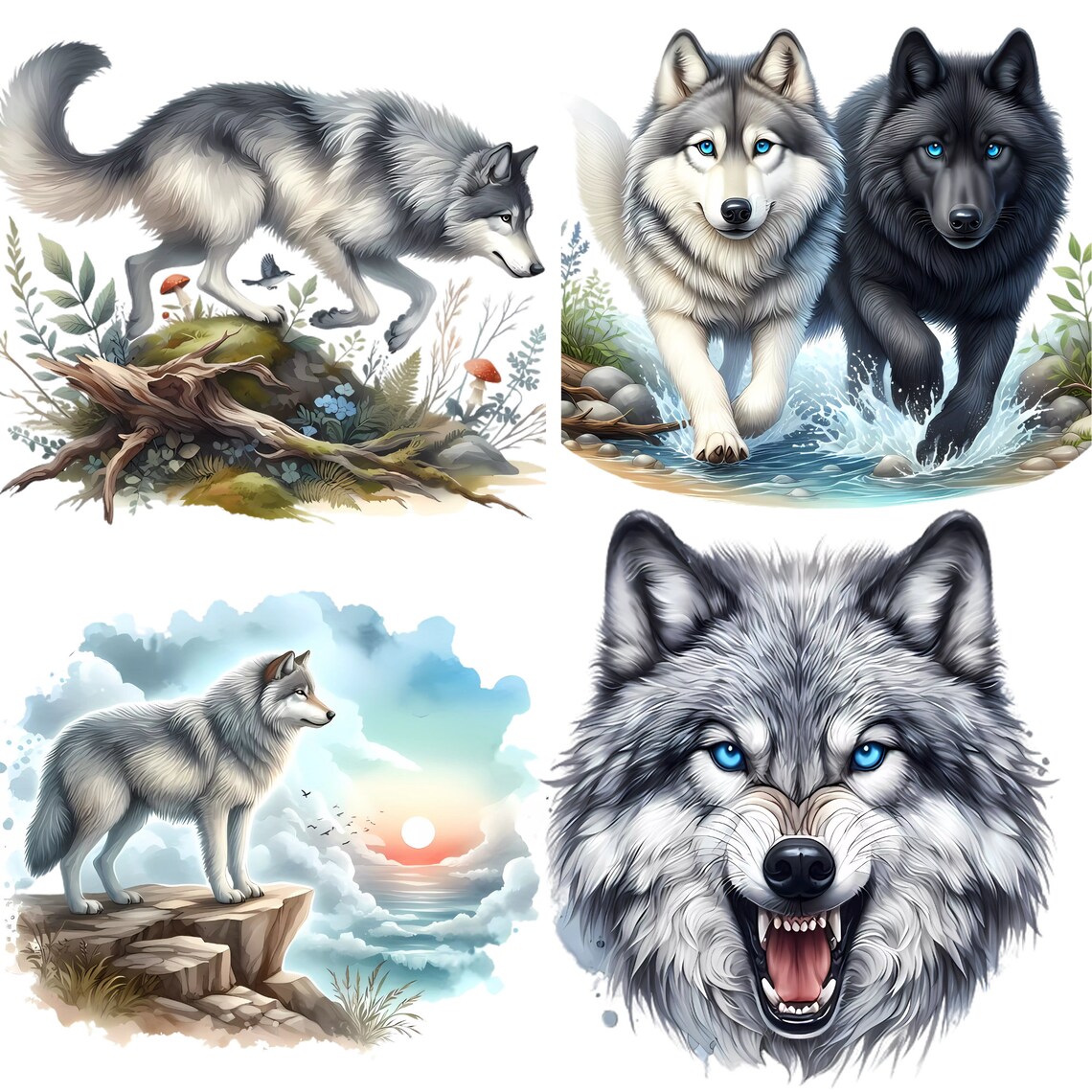 17 Watercolor Grey Wolf Clipart Bundle. Transparent Background, Wolf ...