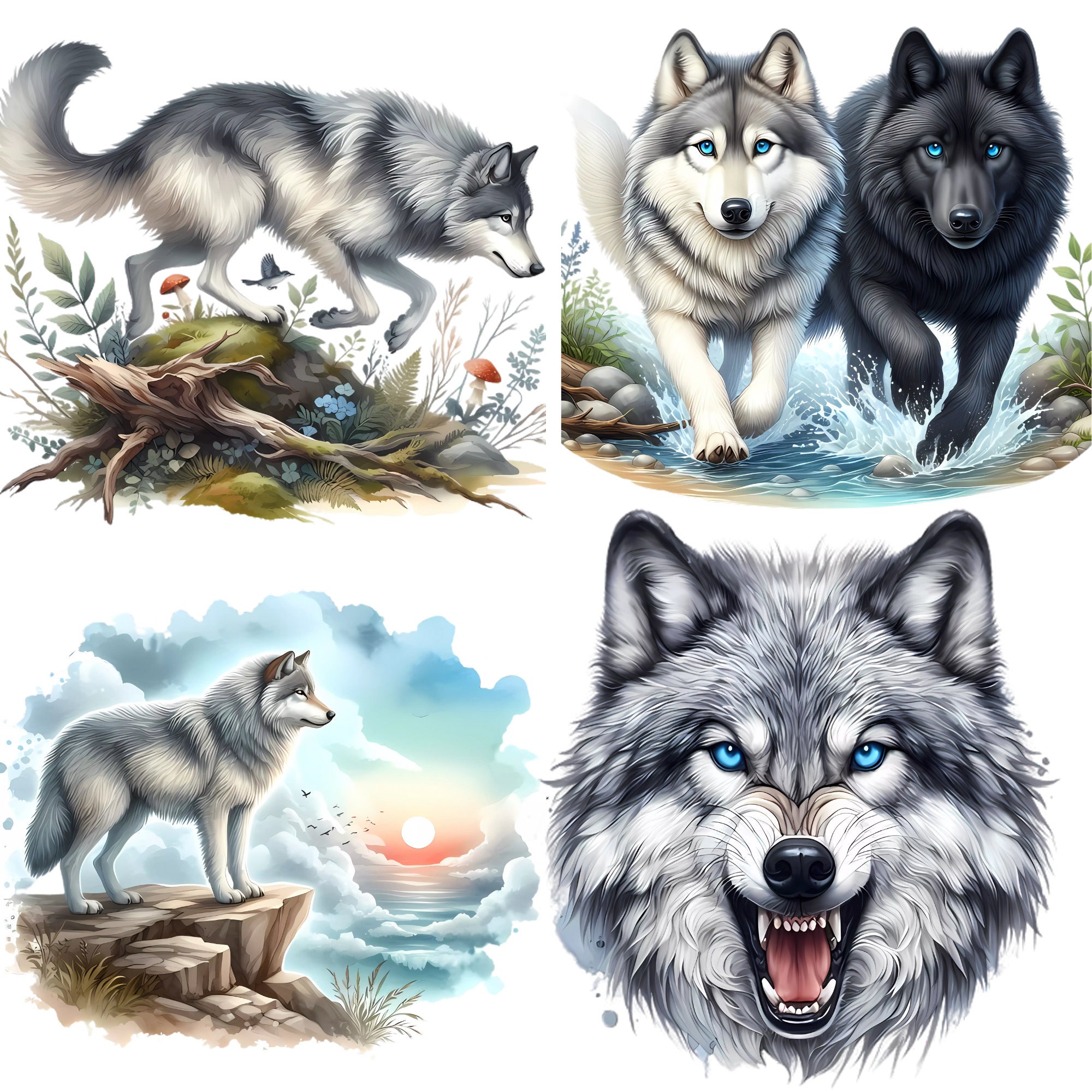17 Watercolor Grey Wolf Clipart Bundle. Transparent Background, Wolf ...