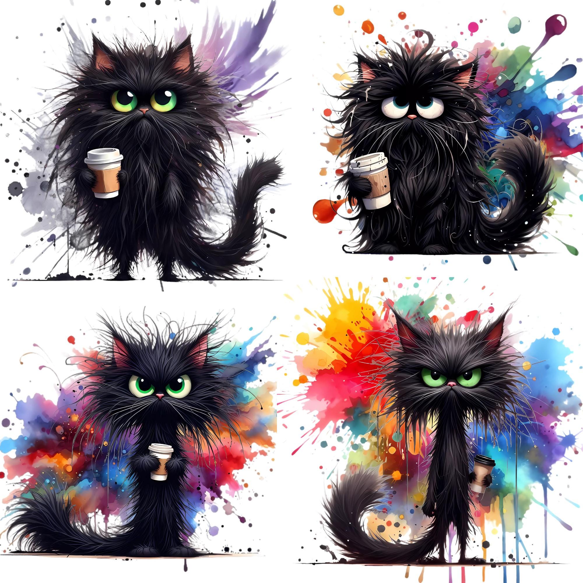 21 Watercolor Frazzled Cat Paint Splash PNG Clip Art Bundle, High Res ...
