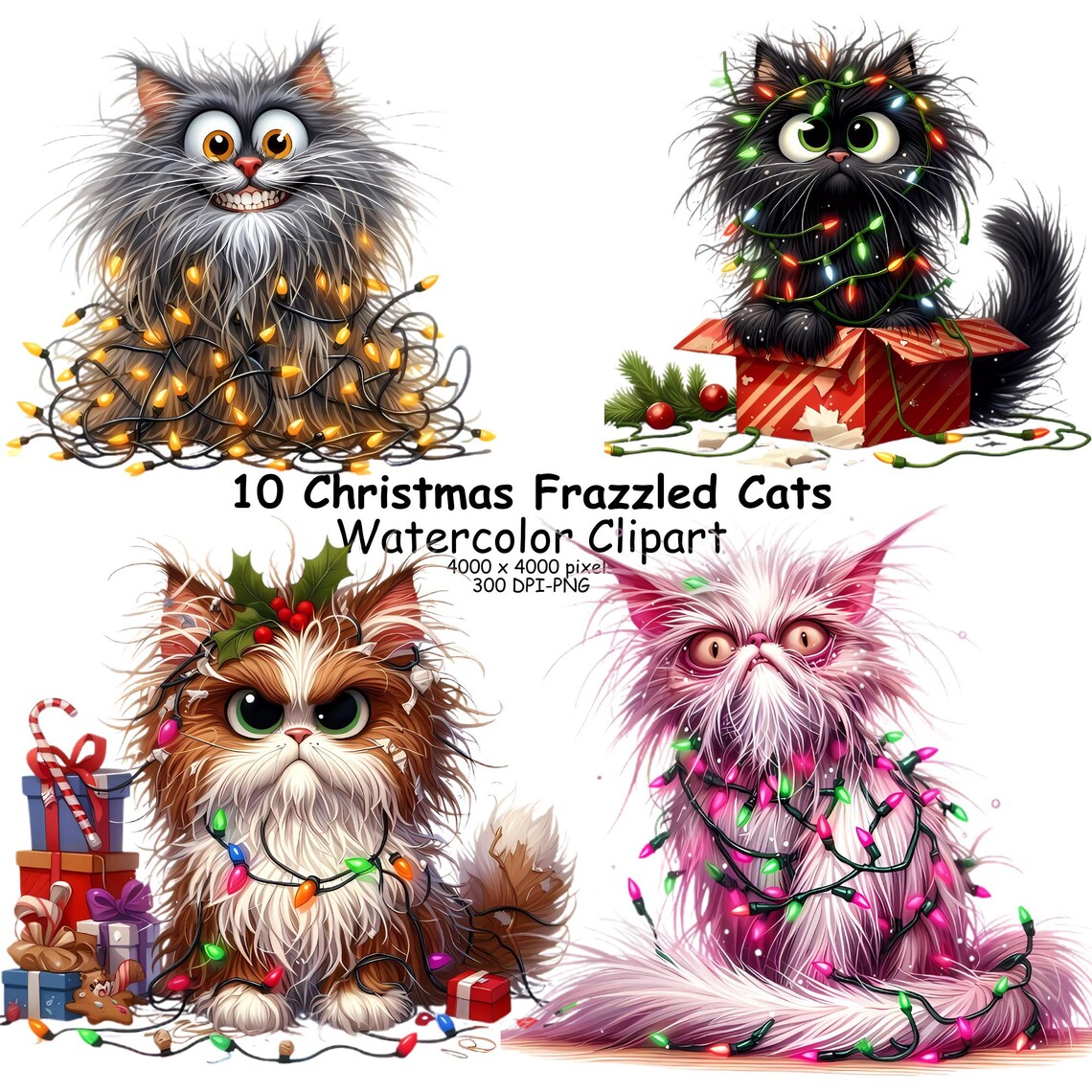 10 Watercolor Christmas Cats Png Bundle for Junk Journaling ...