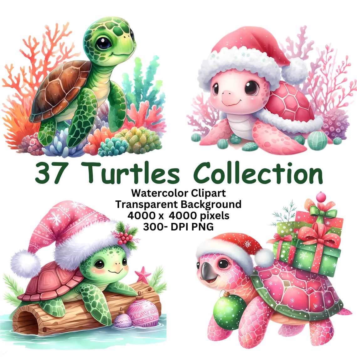 37 Cute Watercolor Turtles Clipart Collection Bundle. Holiday Turtles ...