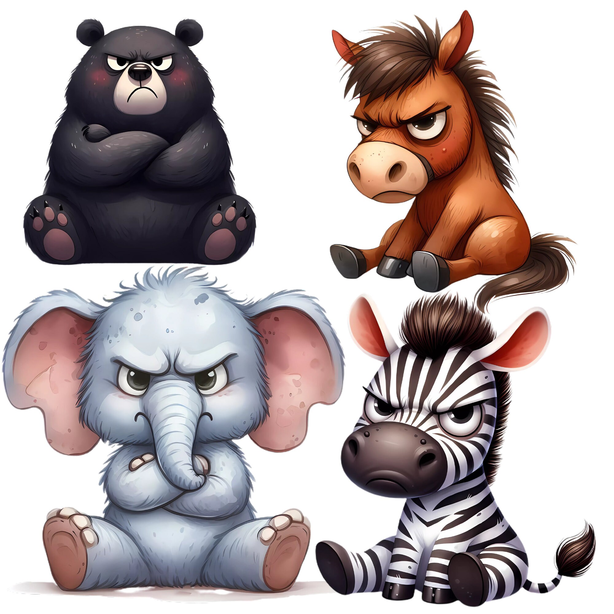 20 Watercolor Grumpy Animals Pngs Clipart Bundle, High Quality, Instant ...
