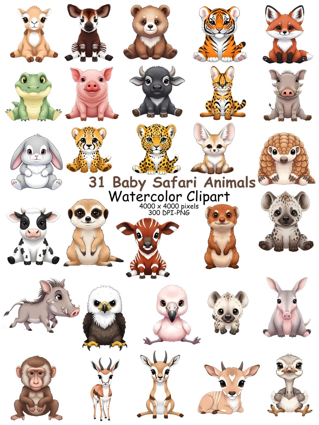 31 Baby Safari Animals Watercolor PNG Clipart Bundle | Jungle Nursery ...