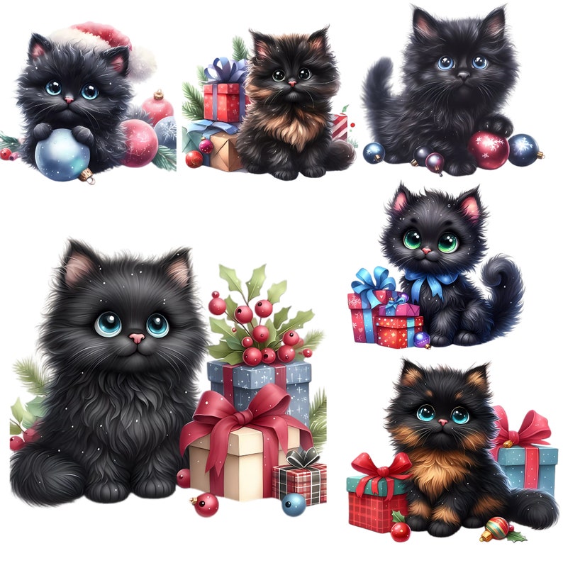 32 Cute Christmas Kitten Clipart Bundle. Watercolor Christmas PNG ...