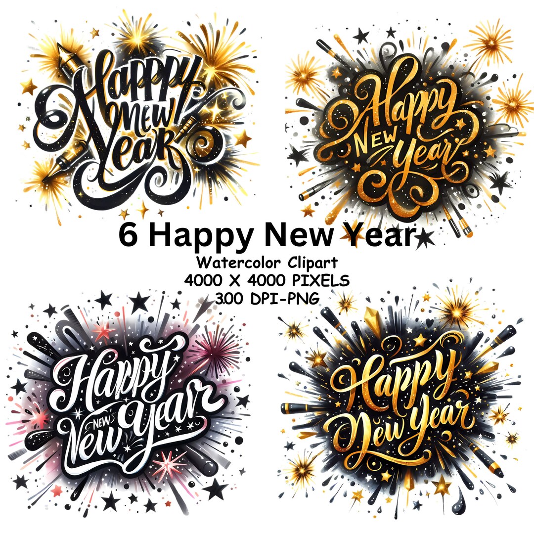 6 Happy New Year Watercolor Clipart Bundle, Transparent Background, T ...