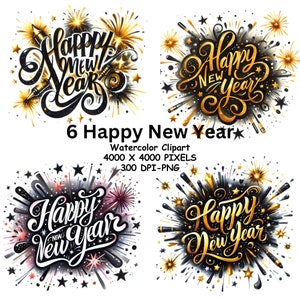 6 Happy New Year Watercolor Clipart Bundle, Transparent Background, T ...