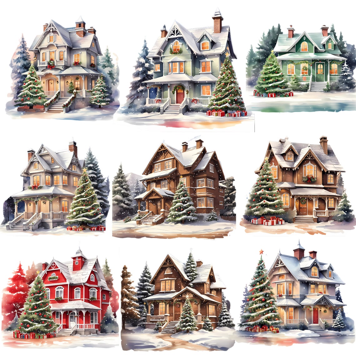 13 Winter Watercolor House Clipart Bundle. High Quality PNG, Cozy ...