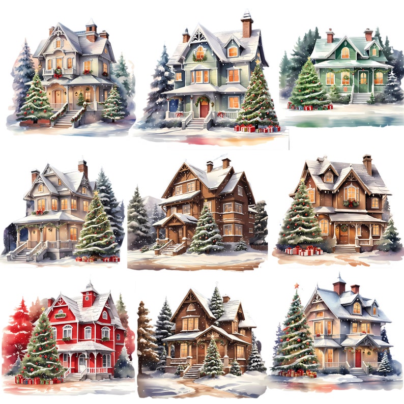 13 Winter Watercolor House Clipart Bundle. High Quality PNG, Cozy ...