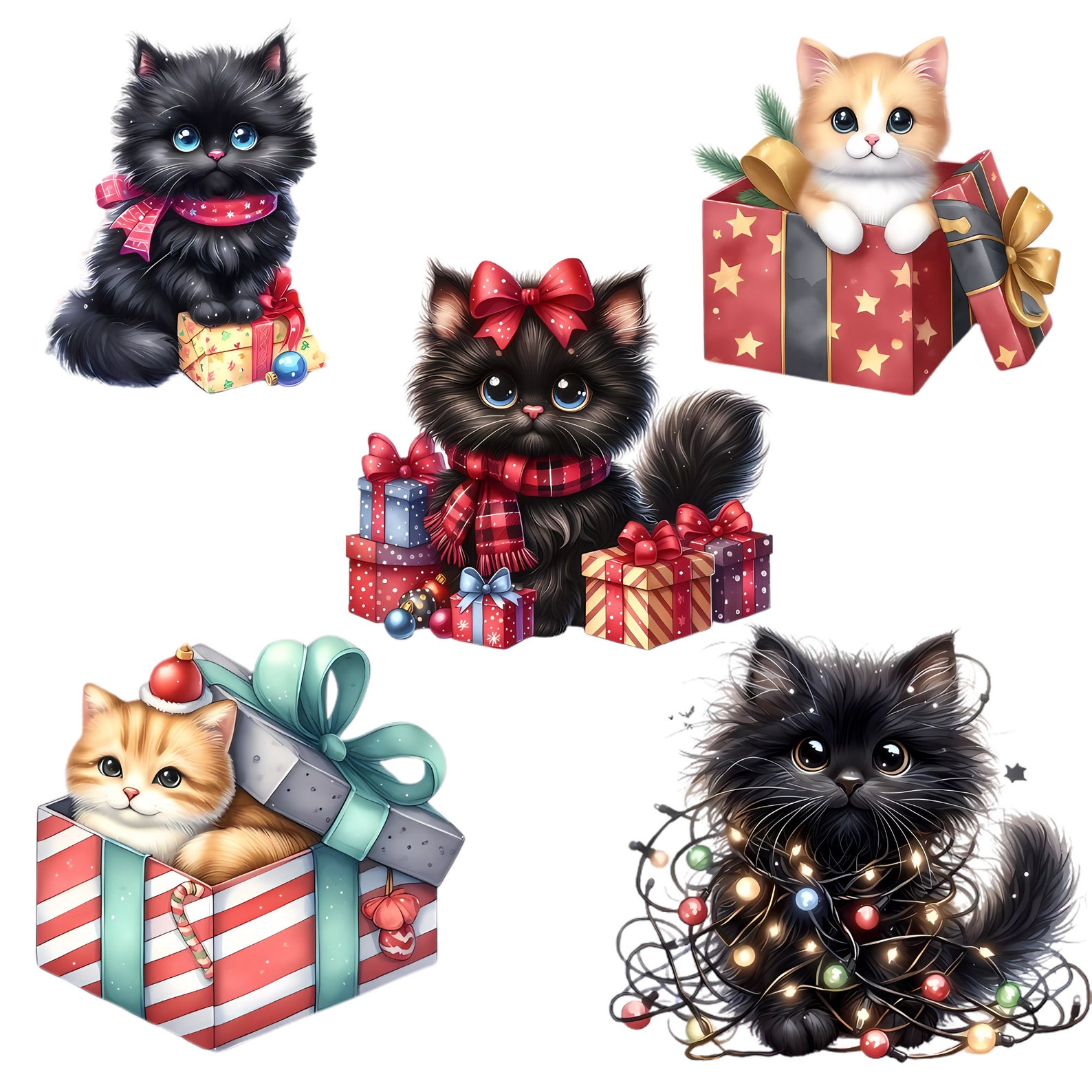 32 Cute Christmas Kitten Clipart Bundle. Watercolor Christmas PNG ...