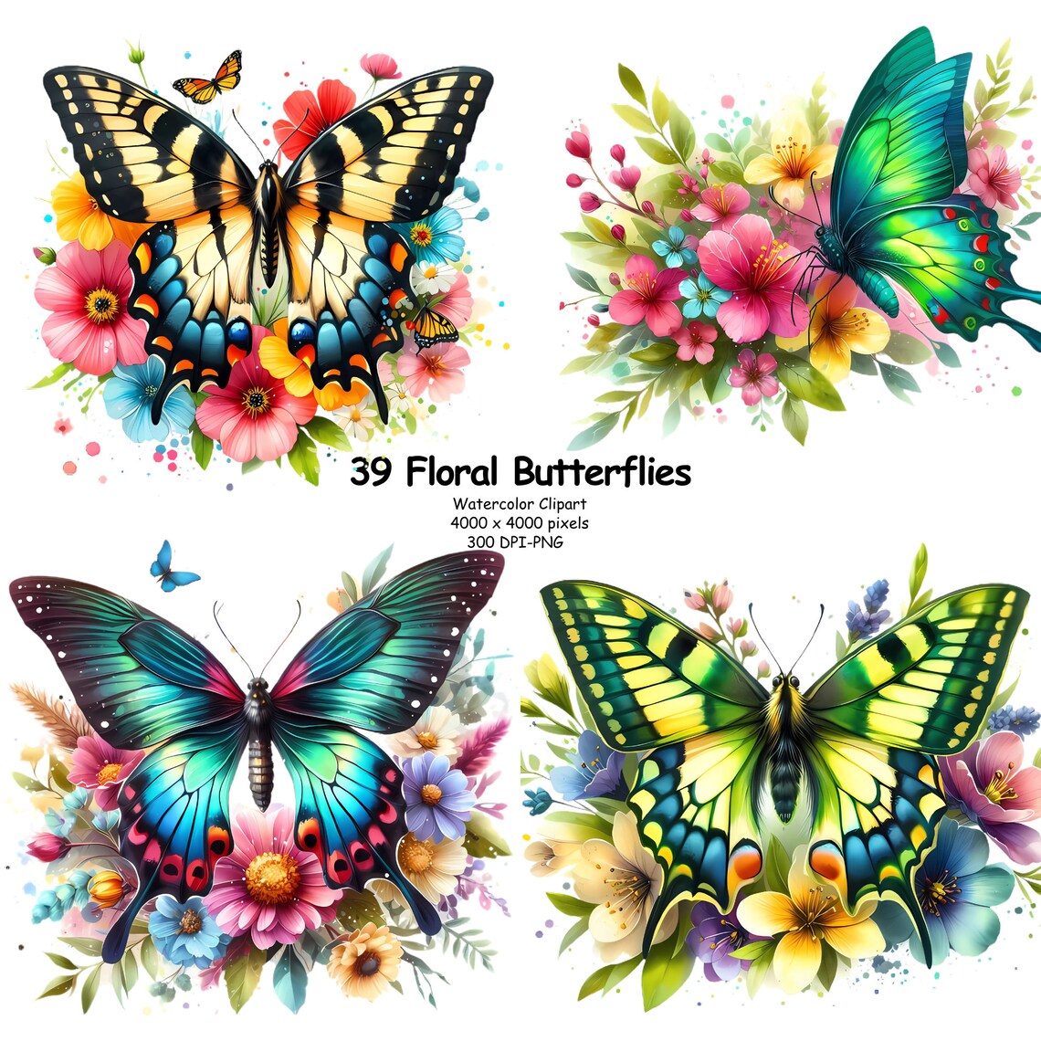 39 Watercolor Butterflies and Flowers PNG Clipart Bundle, Spring ...