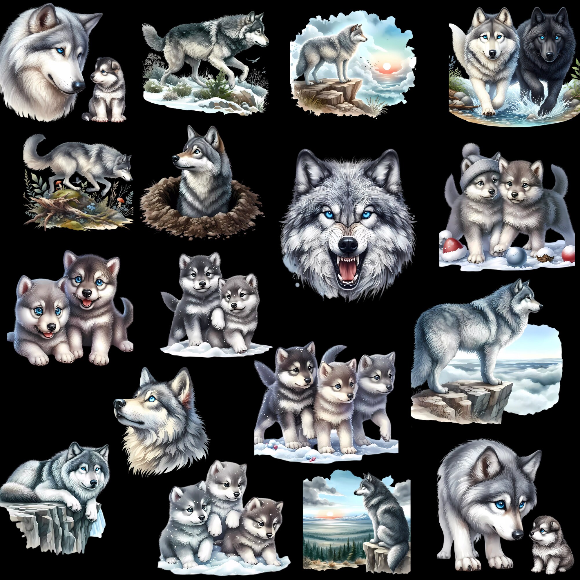 17 Watercolor Grey Wolf Clipart Bundle. Transparent Background, Wolf ...