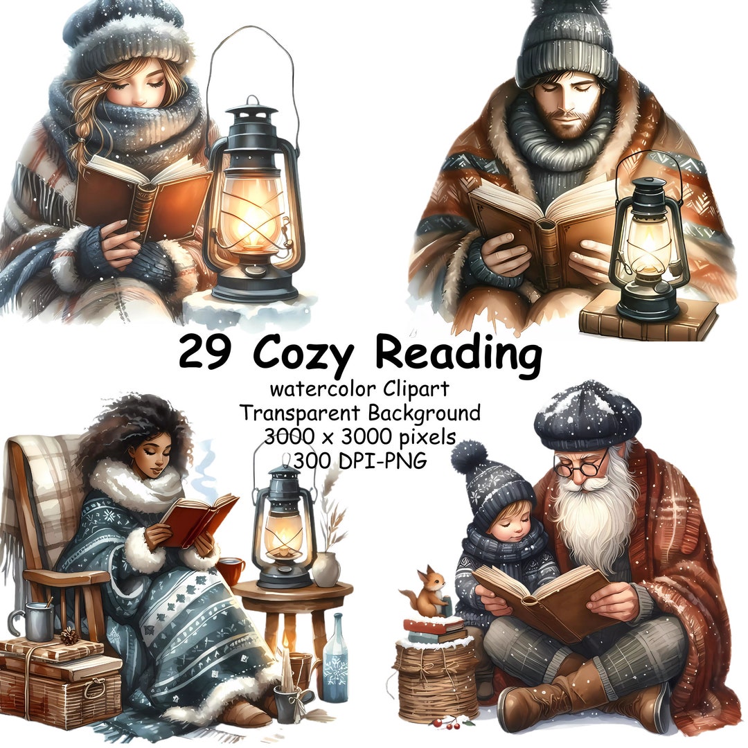 29 Watercolor Cozy Reading Clipart Bundle. Transparent Background Books ...