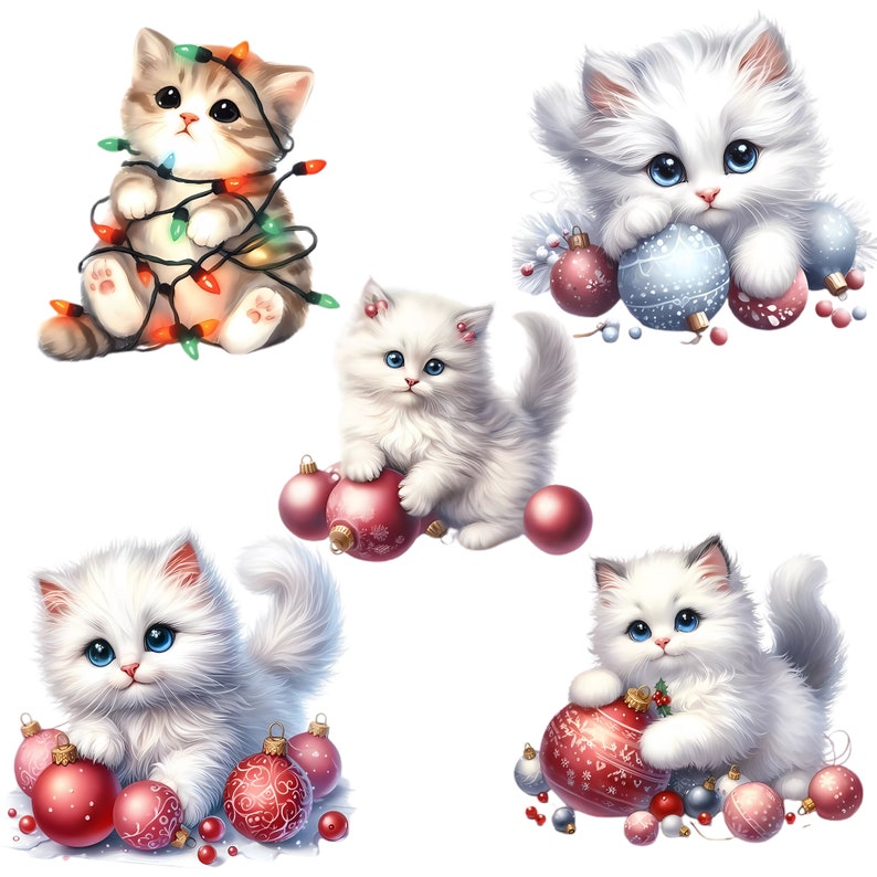 32 Cute Christmas Kitten Clipart Bundle. Watercolor Christmas PNG ...