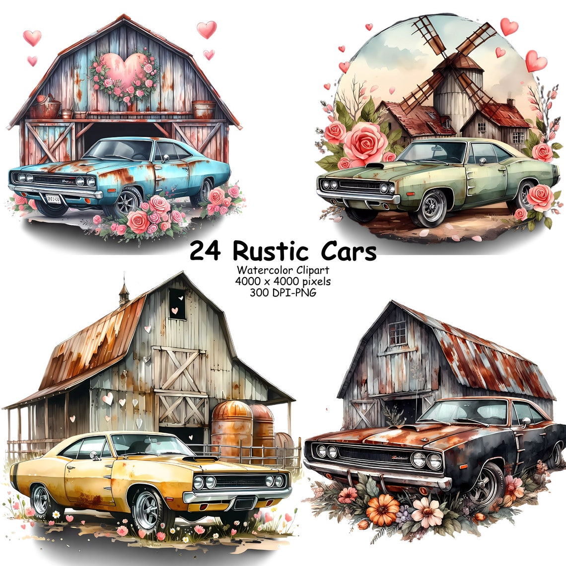 24 Rustic Cars Watercolor Clipart Bundle. Transparent Background, Old ...
