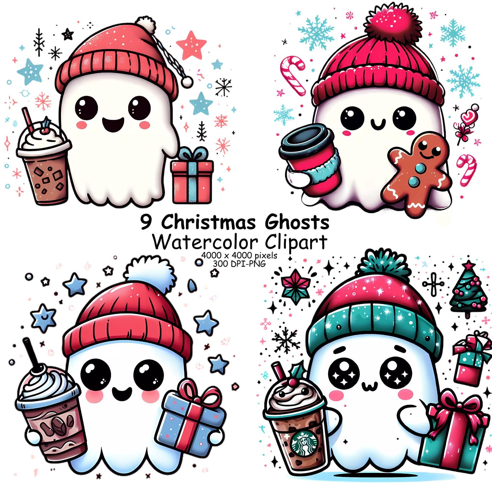 Cute Christmas Ghost PNG Clipart Bundle, Retro Holiday Designs (digital ...