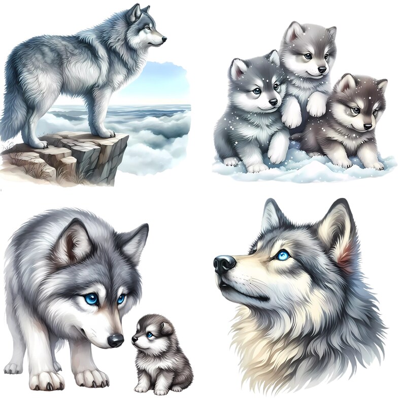 17 Watercolor Grey Wolf Clipart Bundle. Transparent Background, Wolf ...