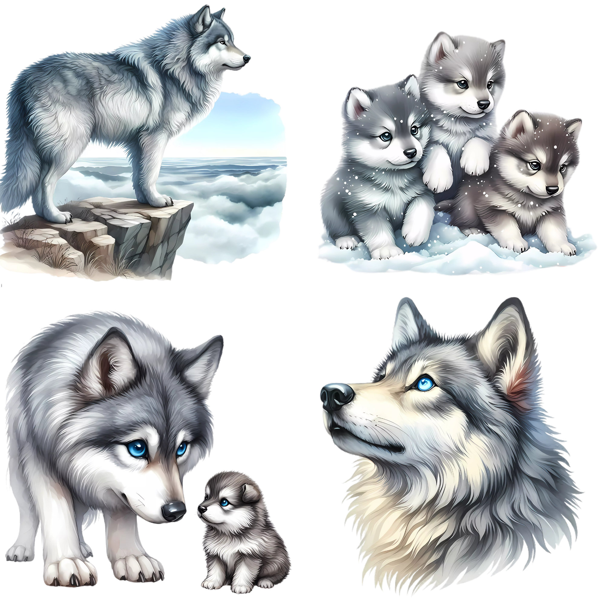 17 Watercolor Grey Wolf Clipart Bundle. Transparent Background, Wolf ...