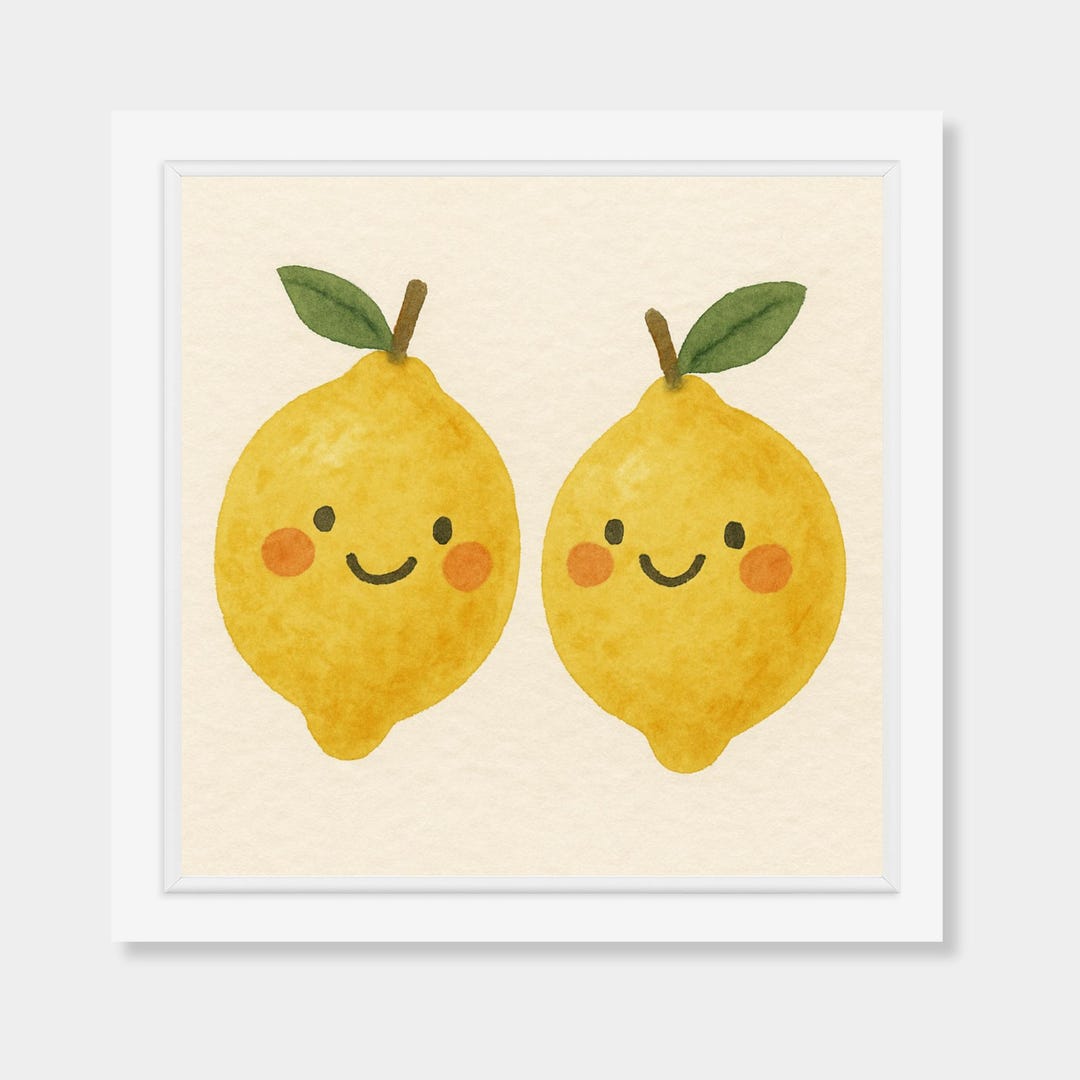 Two Sour Lemons | Square Watercolor Wall Art | Gouache Illustration ...