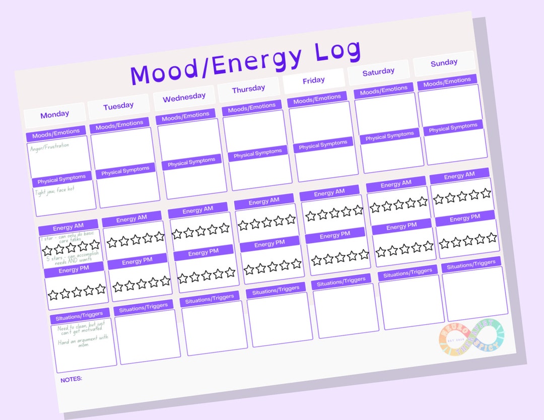 Mood and Energy Printable Log for Mental Wellness, Mood Tracking ...