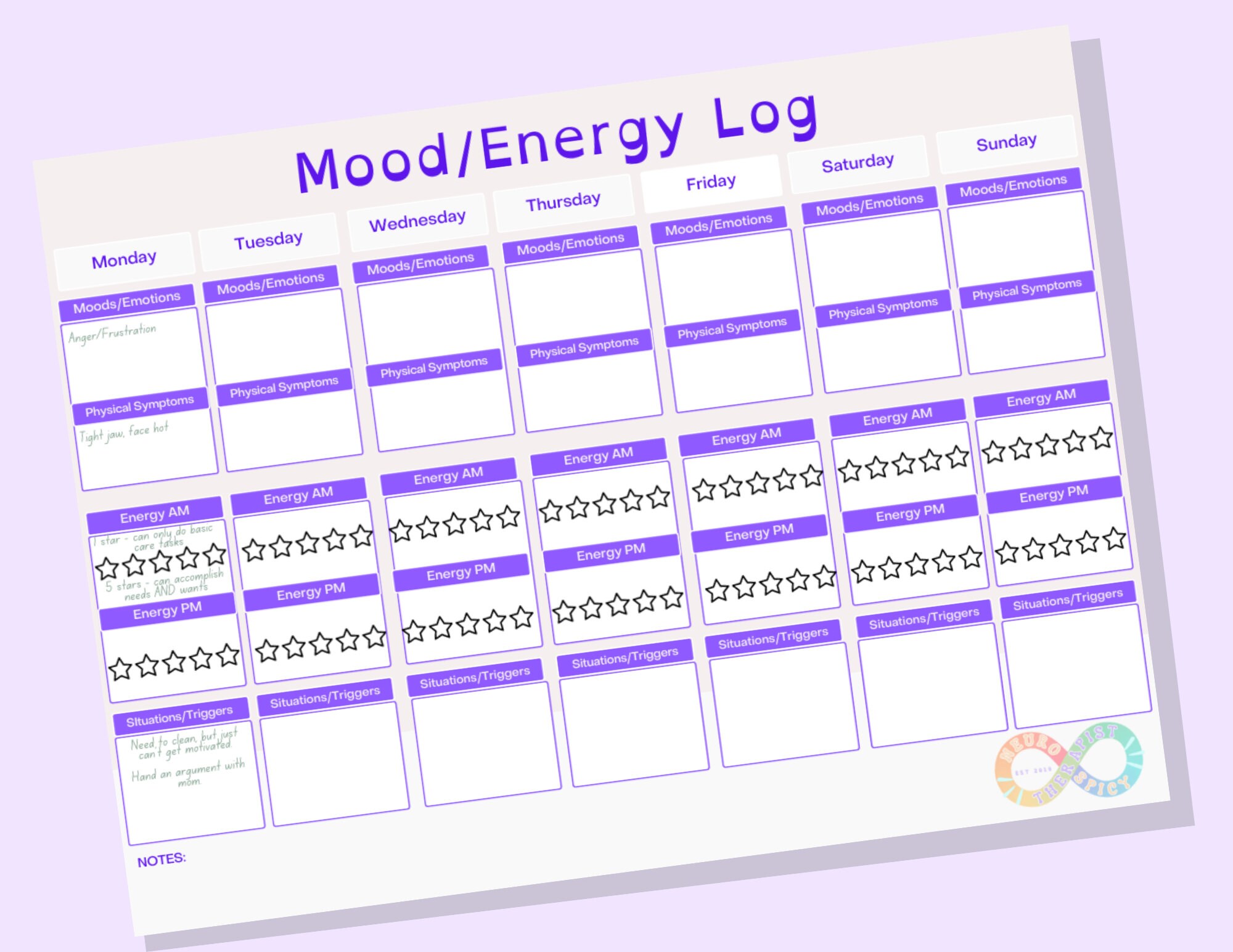 Mood and Energy Printable Log for Mental Wellness, Mood Tracking ...