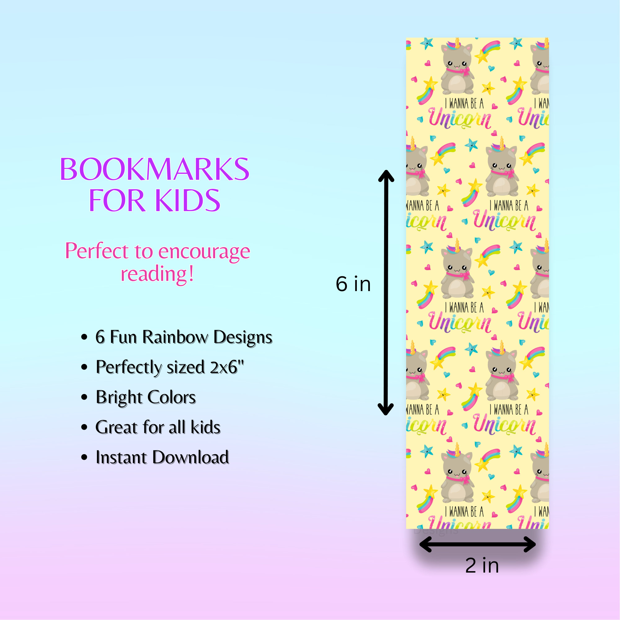 Set of 6 Digital Bookmarks for Kids, Fun Rainbow Unicorn - Etsy