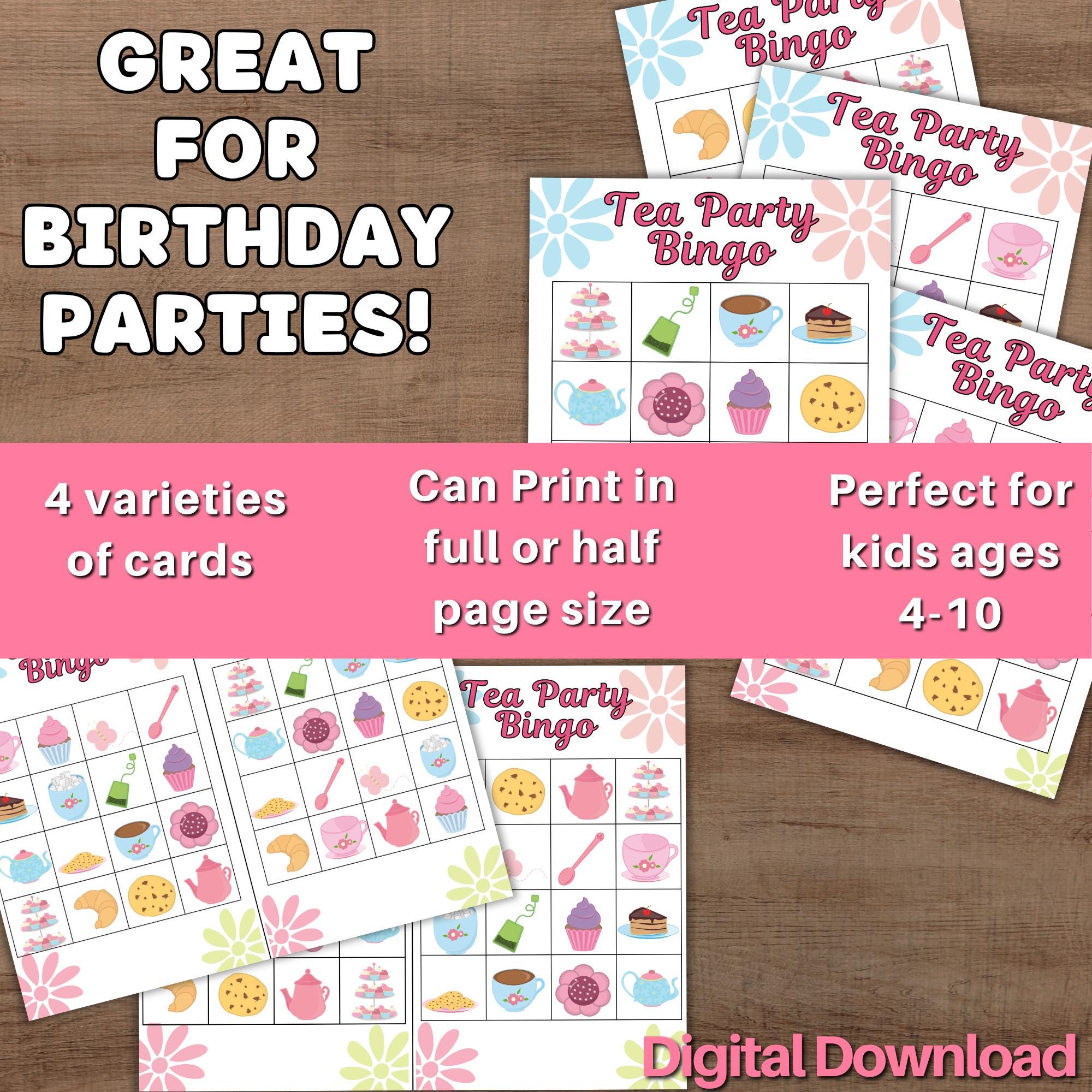 Tea Party Bingo Game Printable, Kids Party Game, Birthday Party Game ...