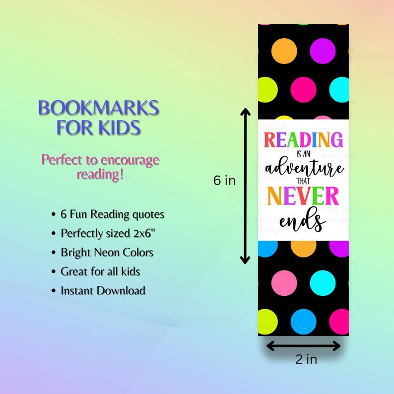 Set of 6 Reader Bookmarks for Kids, Neon Dot Motivational Bookmarks ...