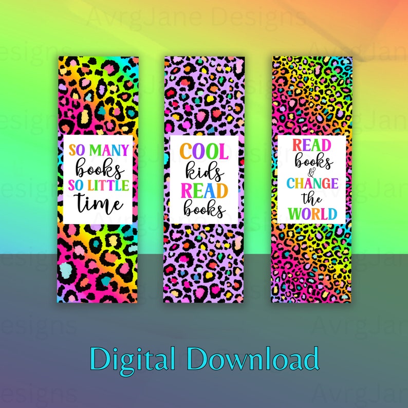 Kids Reading Bookmarks, Set of 6, Neon Animal Print (digital Download ...