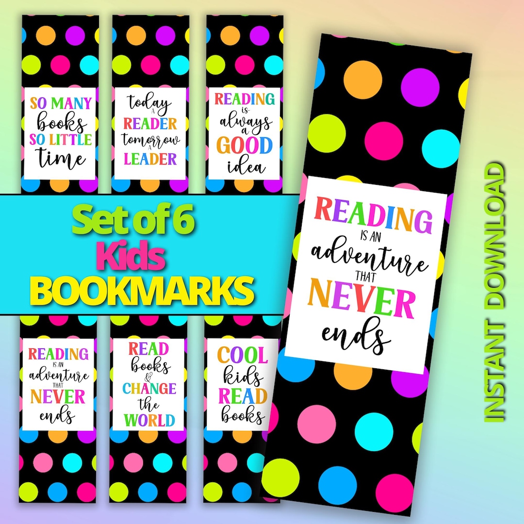 Set of 6 Reader Bookmarks for Kids, Neon Dot Motivational Bookmarks ...