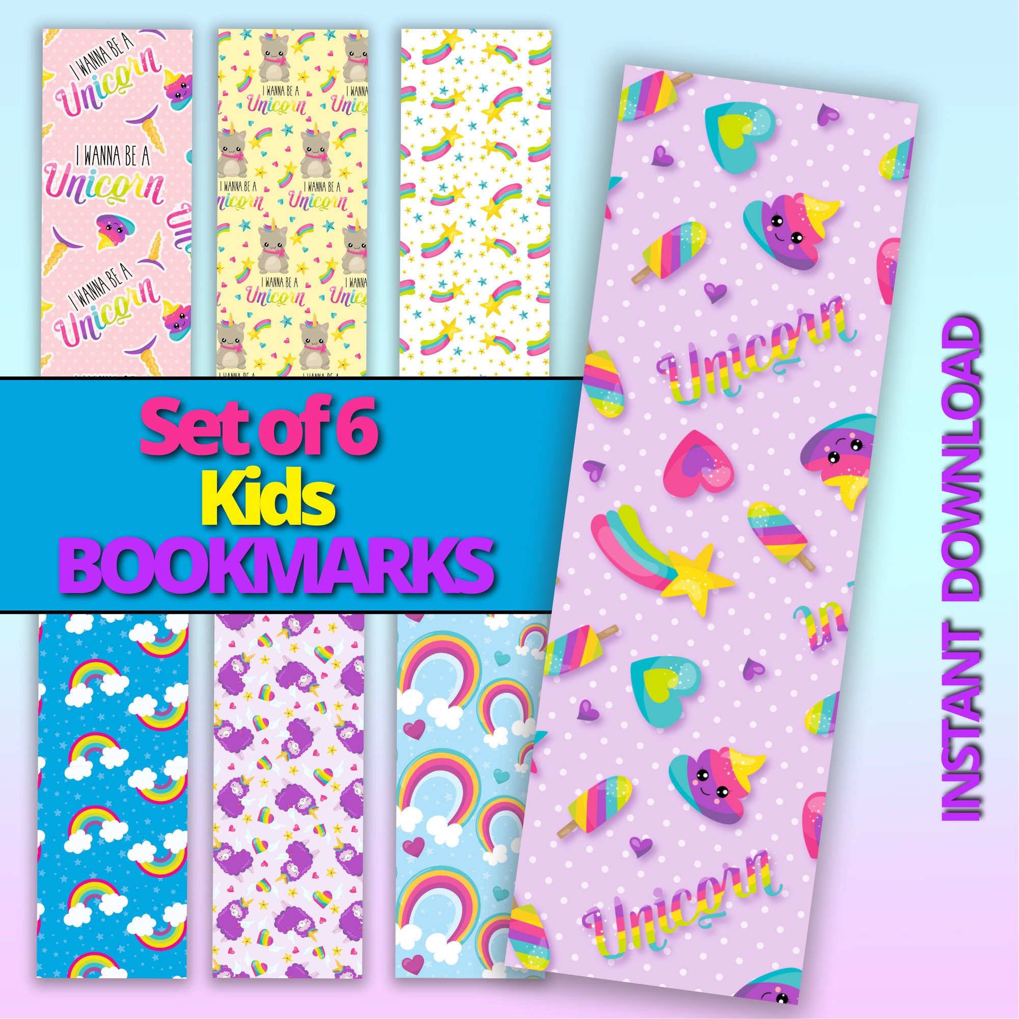 Set of 6 Digital Bookmarks for Kids, Fun Rainbow Unicorn - Etsy