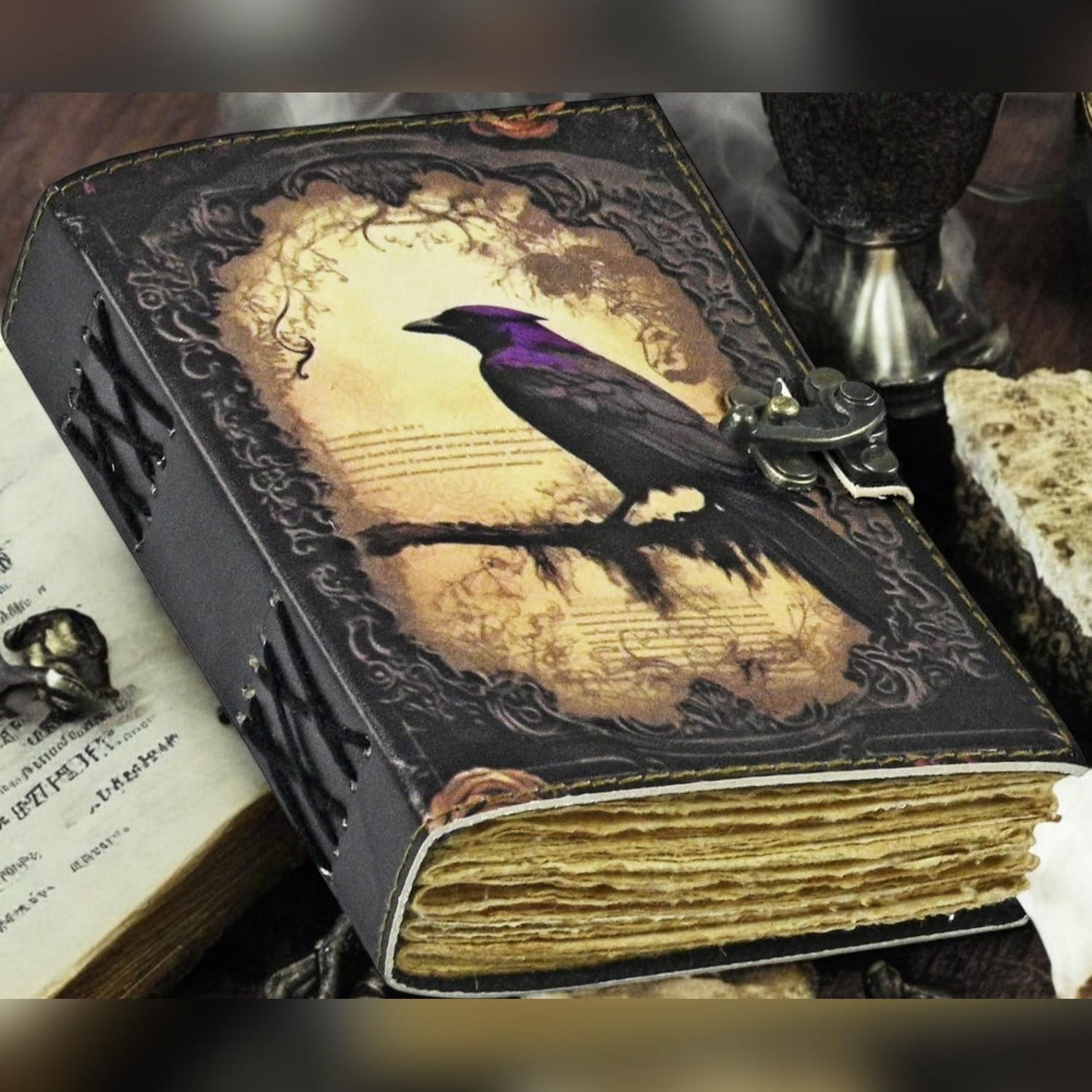 Raven Grimoire Leather Journal – Witchcraft Book of Shadows With Lock ...