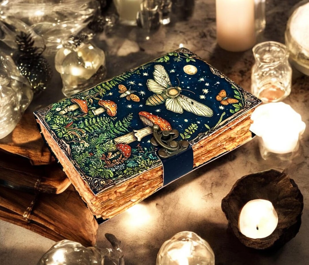 Vintage Mushroom Genuine Leather Book of Shadows With Lock, Witchcraft ...