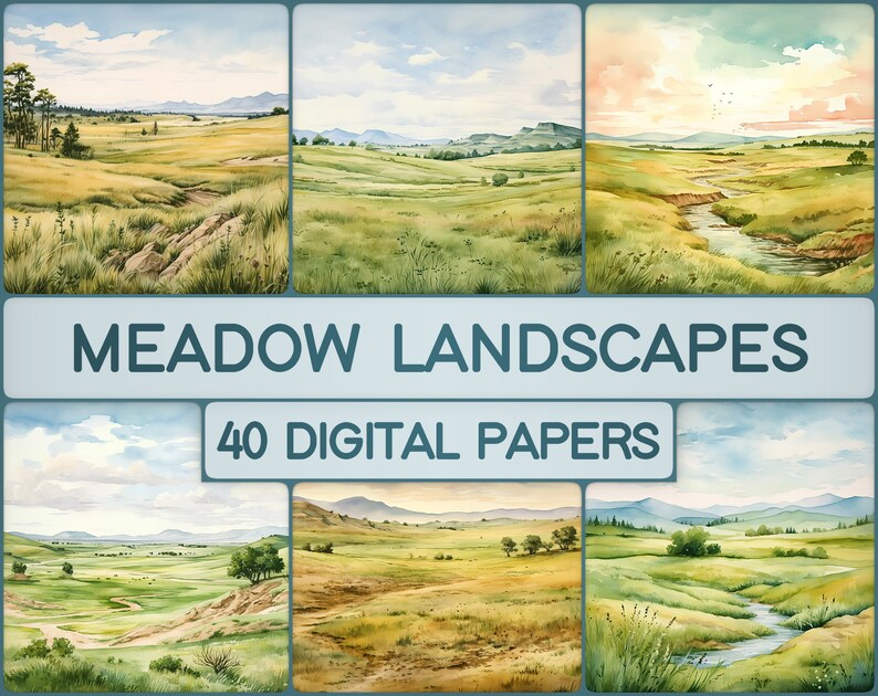 Watercolor Meadow Digital Paper JPG Bundle Meadow Backdrop Set Vintage ...