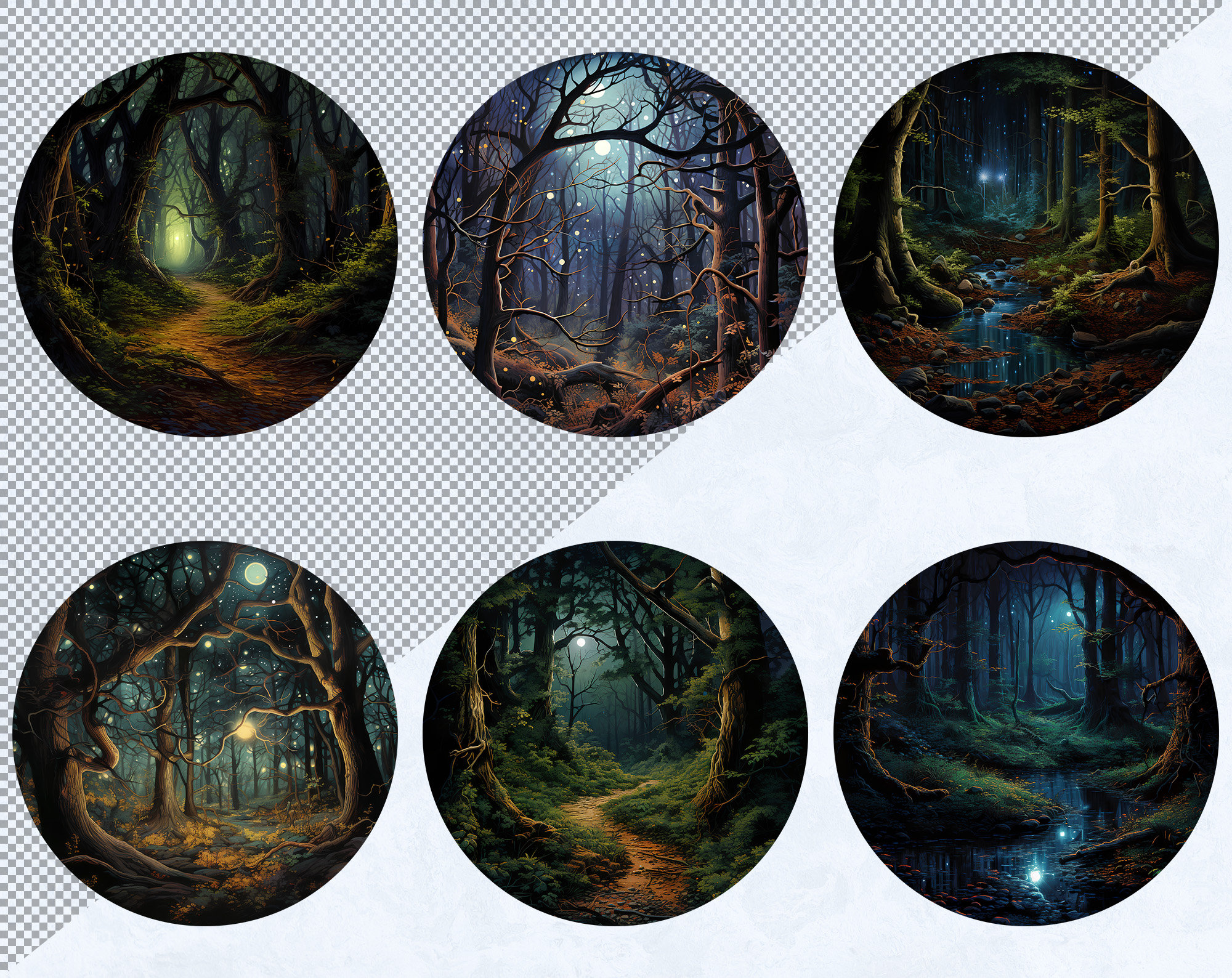 Circular Forest at Night Clipart PNG Bundle Round Backdrop Wood ...
