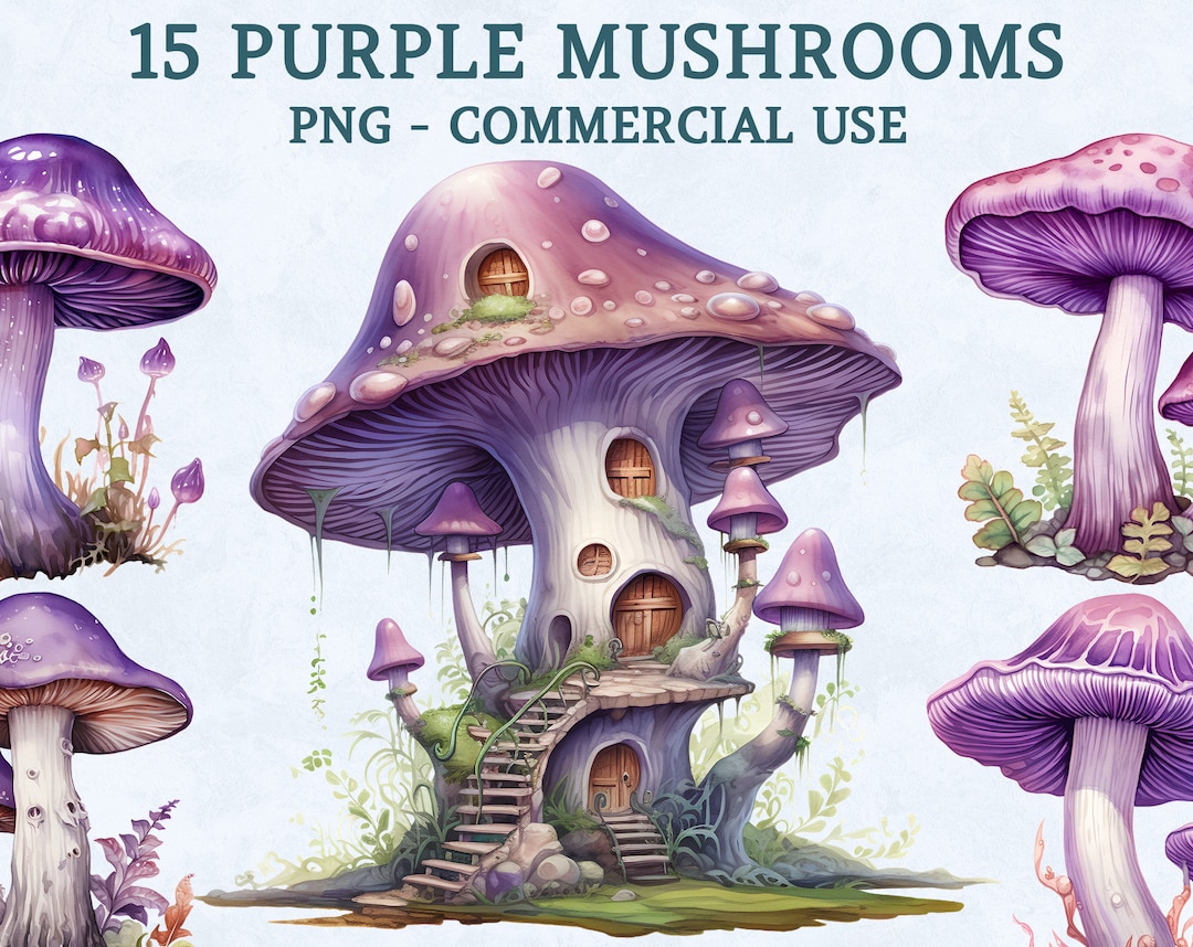Purple Mushroom Clipart PNG Bundle Colorful Commercial Use - Etsy