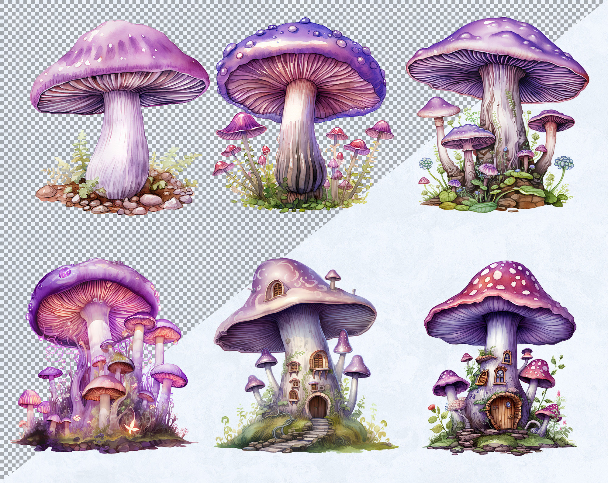 Purple Mushroom Clipart PNG Bundle Colorful Commercial Use - Etsy