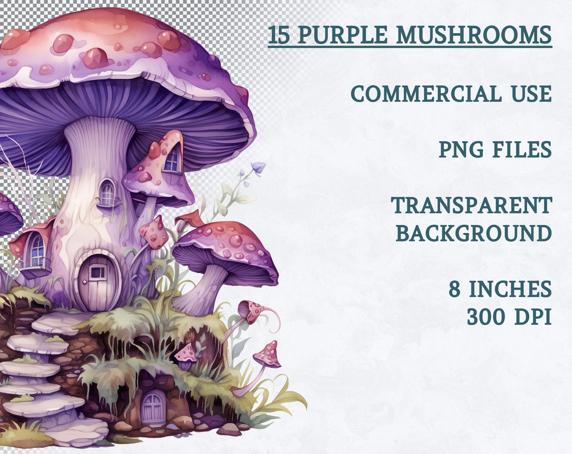 Purple Mushroom Clipart PNG Bundle Colorful Commercial Use - Etsy