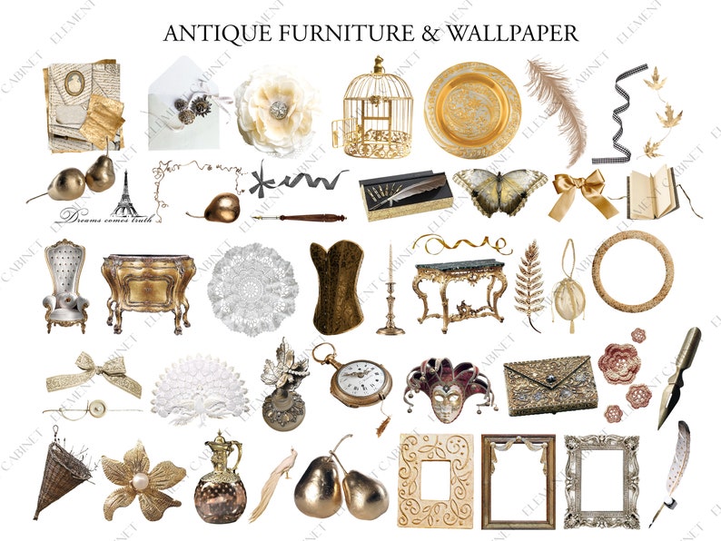 Antique Furniture & Patterns Clipart Mega Bundle, Antique Decoration ...