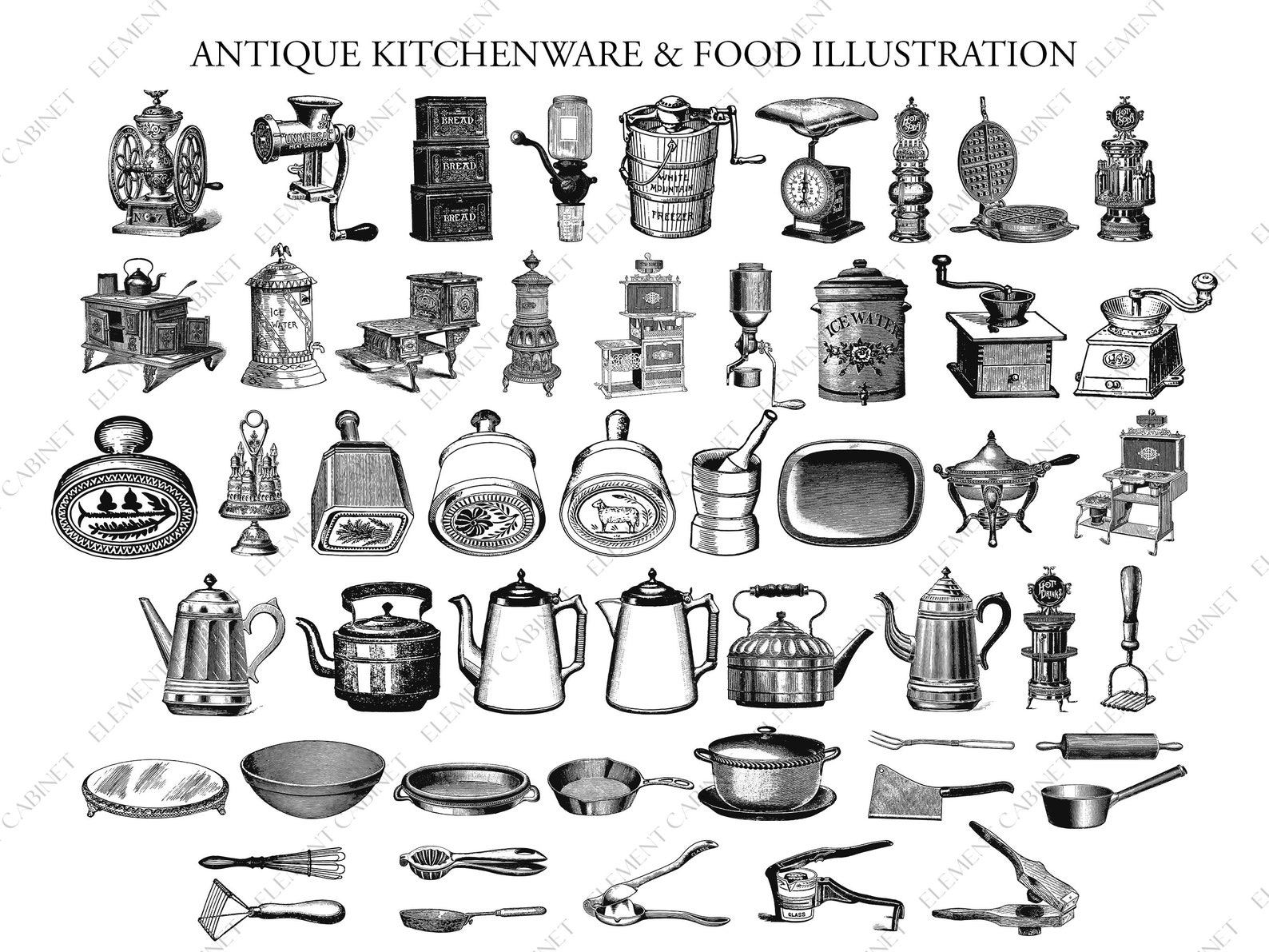 Antique Kitchenware & Food Clipart Mega Bundle, Kitchenware ...