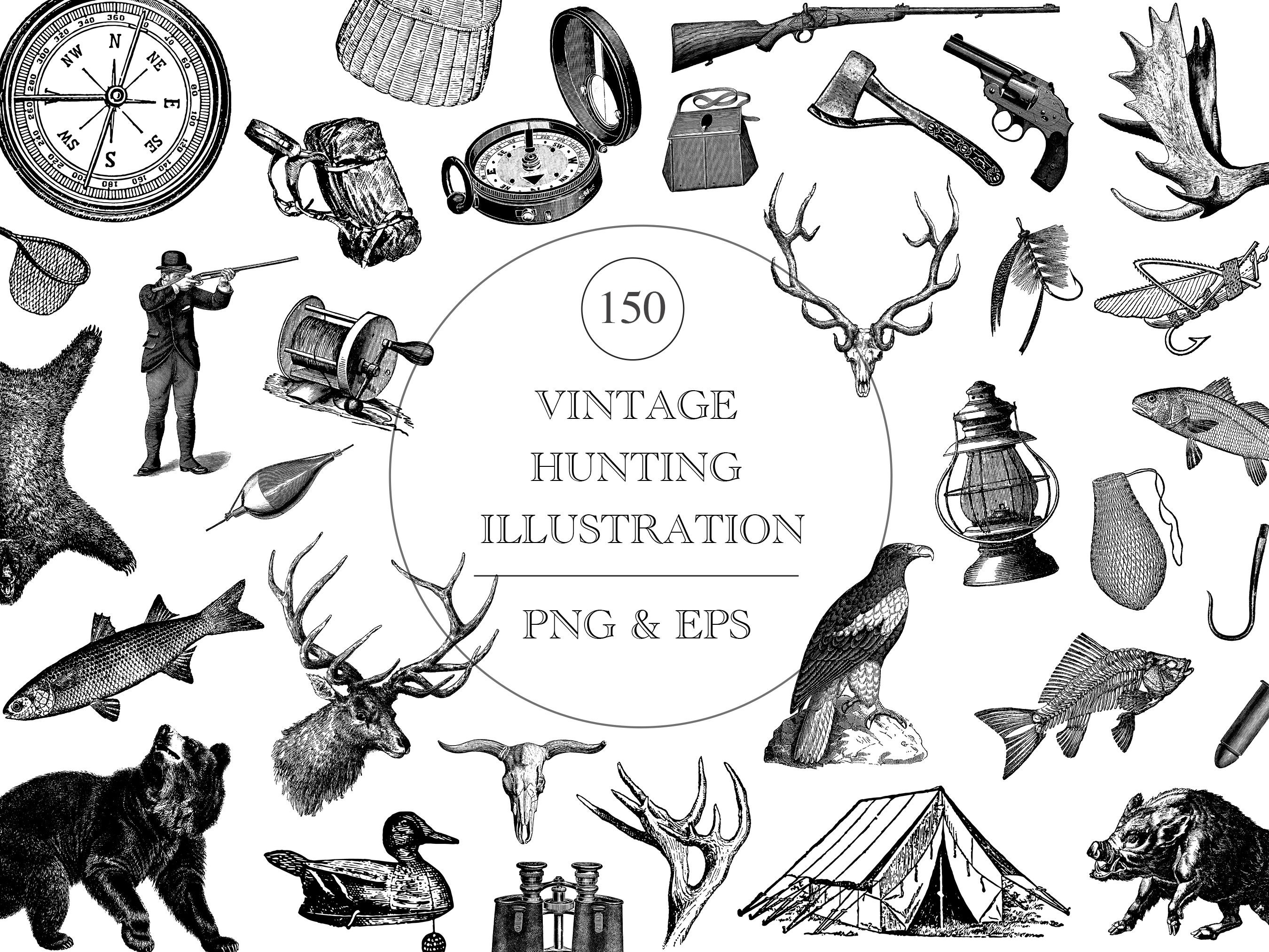 Vintage Hunting Illustration Mega Bundle, Animals Hunting Clipart ...
