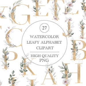 Watercolor Floral Alphabet Clipart Greenery Letters Golden - Etsy